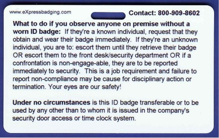 Backside of an ID Badge - Express Badging Services