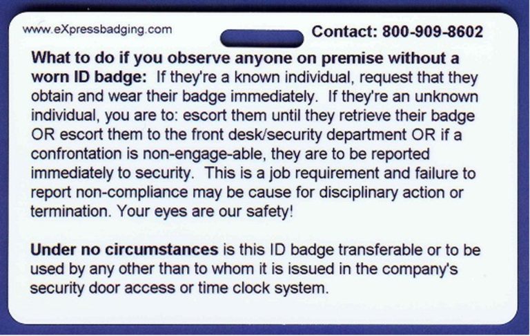 Backside of an ID Badge - Express Badging Services